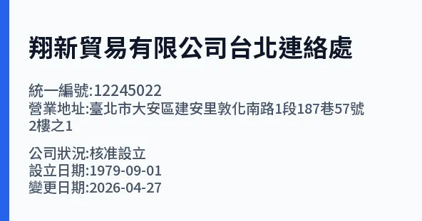 翔新貿易有限公司台北連絡處的照片-統編 12245022(臺北市) 公司登記資料與營業項目詳細圖表