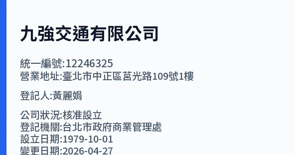 九強交通有限公司的照片-統編 12246325(臺北市) 公司登記資料與營業項目詳細圖表