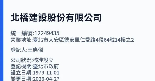 北橋建設股份有限公司的照片-統編 12249435(臺北市) 公司登記資料與營業項目詳細圖表