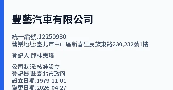 豐藝汽車有限公司的照片-統編 12250930(臺北市) 公司登記資料與營業項目詳細圖表