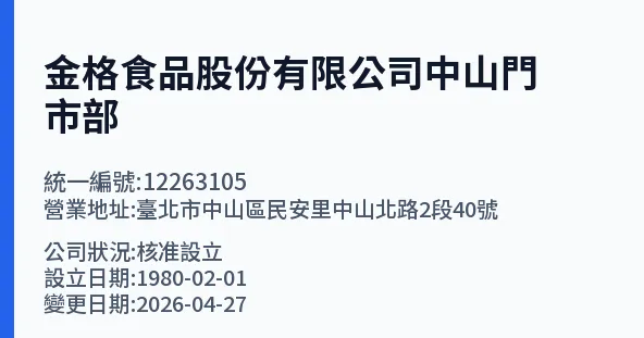 金格食品股份有限公司中山門市部的照片-統編 12263105(臺北市) 公司登記資料與營業項目詳細圖表