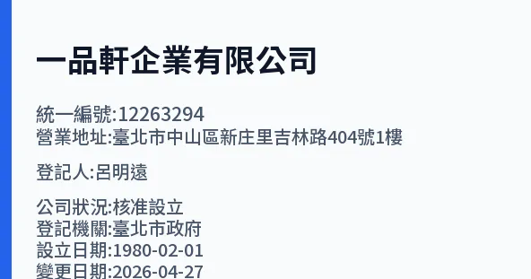 一品軒企業有限公司的照片-統編 12263294(臺北市) 公司登記資料與營業項目詳細圖表