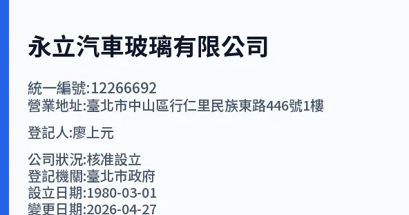永立汽車玻璃有限公司的照片-統編 12266692(臺北市) 公司登記資料與營業項目詳細圖表