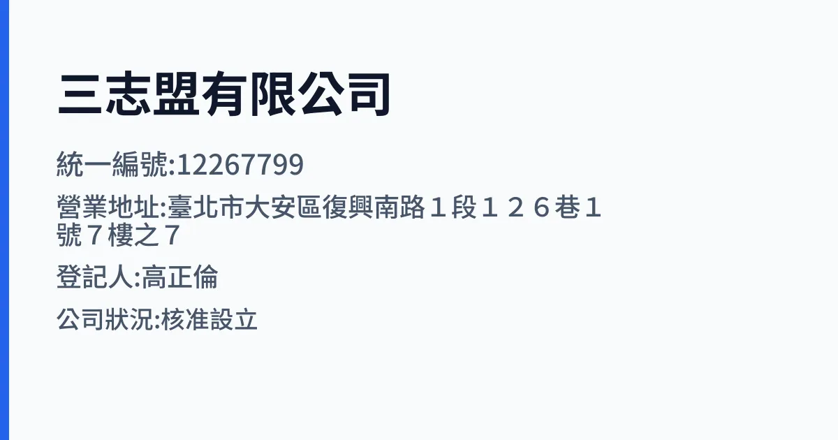 三志盟有限公司 - 統編 12267799(臺北市) 公司登記資料與營業項目詳細圖表
