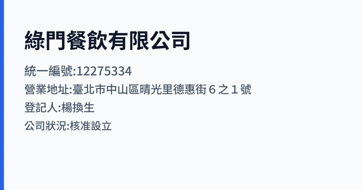 綠門餐飲有限公司 - 統編 12275334(臺北市) 公司登記資料與營業項目詳細圖表