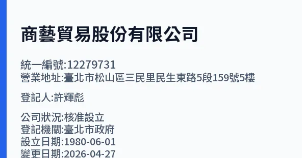 商藝貿易股份有限公司的照片-統編 12279731(臺北市) 公司登記資料與營業項目詳細圖表