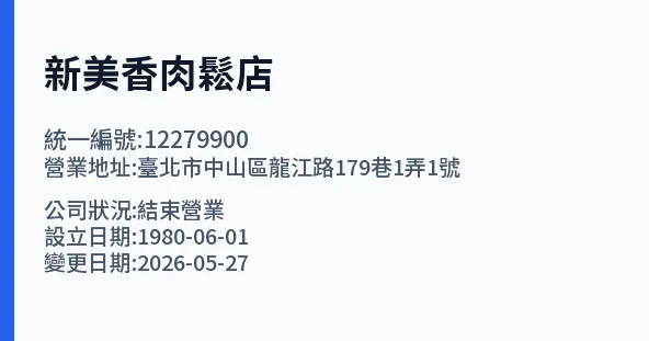 新美香肉鬆店的照片-統編 12279900(臺北市) 公司登記資料與營業項目詳細圖表