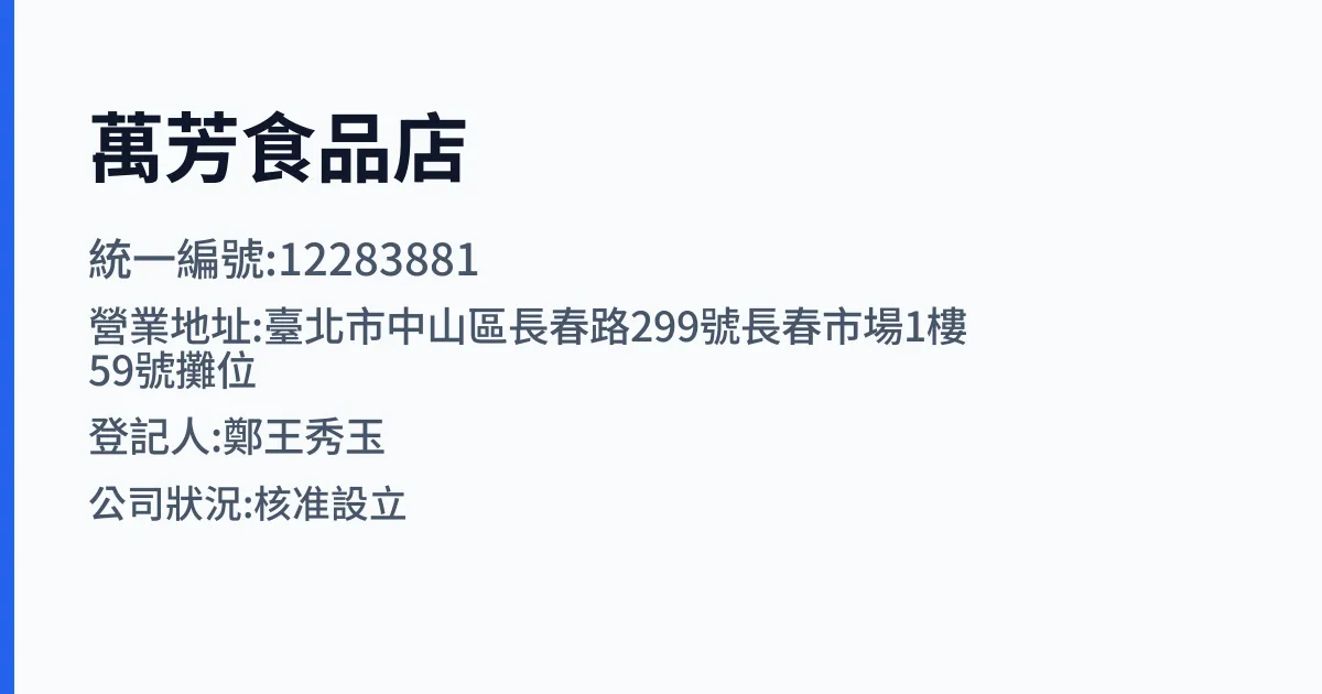 萬芳食品店 - 統編 12283881(臺北市) 公司登記資料與營業項目詳細圖表