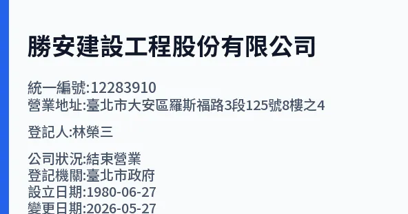 勝安建設工程股份有限公司的照片-統編 12283910(臺北市) 公司登記資料與營業項目詳細圖表