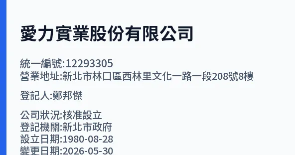 愛力實業股份有限公司的照片-統編 12293305(新北市) 公司登記資料與營業項目詳細圖表