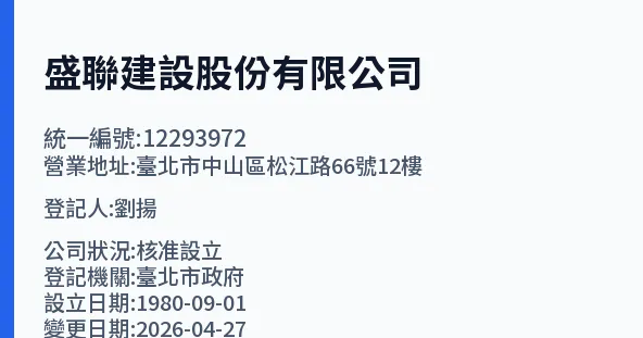 盛聯建設股份有限公司的照片-統編 12293972(臺北市) 公司登記資料與營業項目詳細圖表