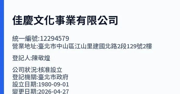 佳慶文化事業有限公司的照片-統編 12294579(臺北市) 公司登記資料與營業項目詳細圖表