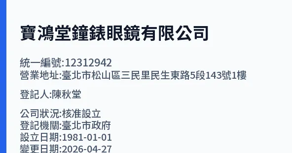 寶鴻堂鐘錶眼鏡有限公司的照片-統編 12312942(臺北市) 公司登記資料與營業項目詳細圖表
