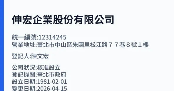 伸宏企業股份有限公司的照片-統編 12314245(臺北市) 公司登記資料與營業項目詳細圖表