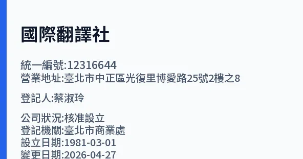 國際翻譯社的照片-統編 12316644(臺北市) 公司登記資料與營業項目詳細圖表