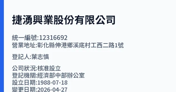 捷湧興業股份有限公司的照片-統編 12316692(彰化縣) 公司登記資料與營業項目詳細圖表