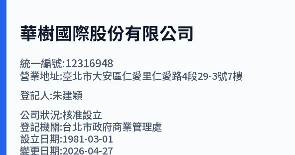 華樹國際股份有限公司的照片-統編 12316948(臺北市) 公司登記資料與營業項目詳細圖表