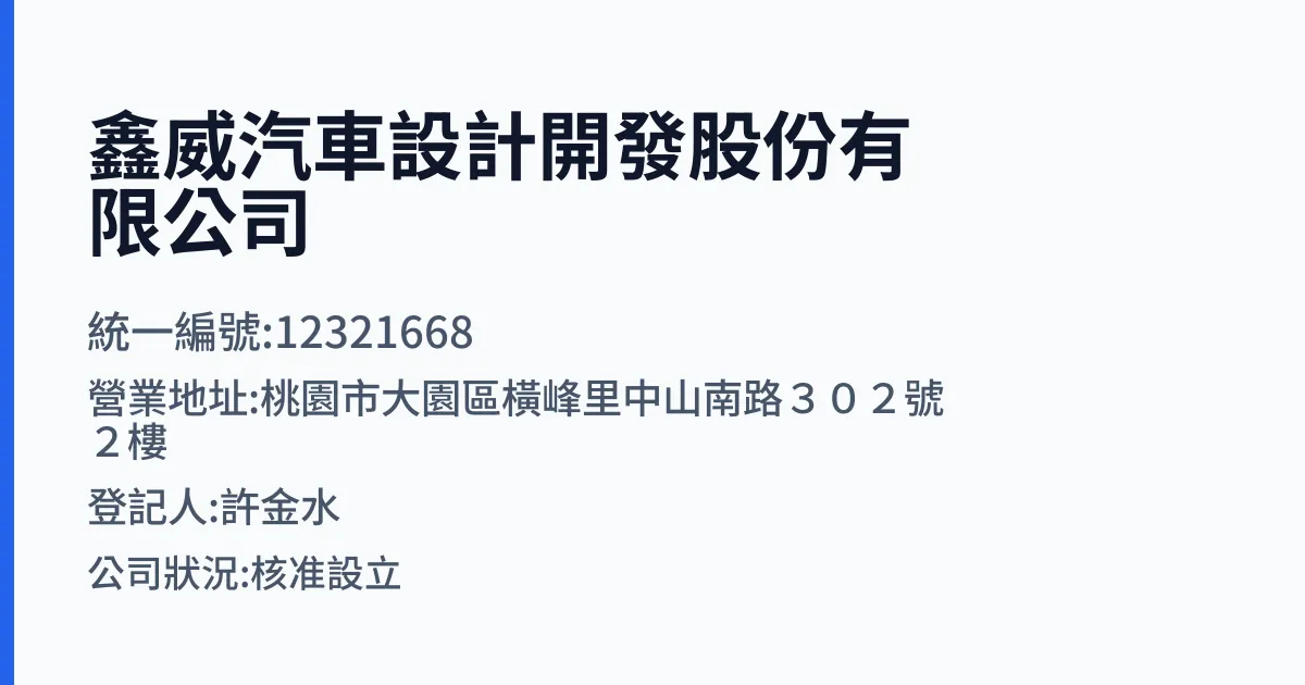 鑫威汽車設計開發股份有限公司 - 統編 12321668(桃園市) 公司登記資料與營業項目詳細圖表