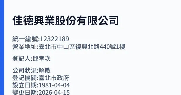 佳德興業股份有限公司的照片-統編 12322189(臺北市) 公司登記資料與營業項目詳細圖表