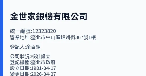 金世家銀樓有限公司的照片-統編 12323820(臺北市) 公司登記資料與營業項目詳細圖表