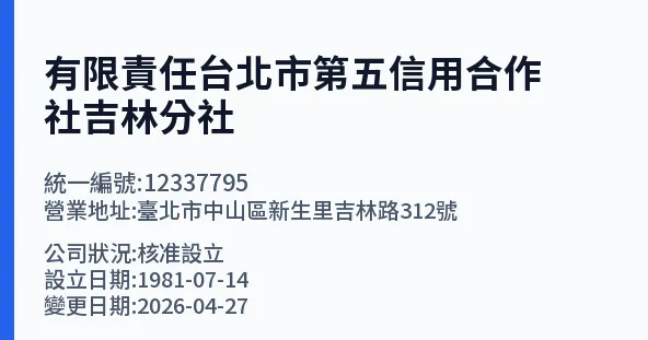 有限責任台北市第五信用合作社吉林分社的照片-統編 12337795(臺北市) 公司登記資料與營業項目詳細圖表