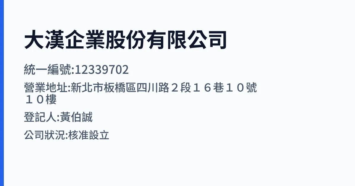 大漢企業股份有限公司 - 統編 12339702（新北市） 公司登記資料與營業項目詳細圖表