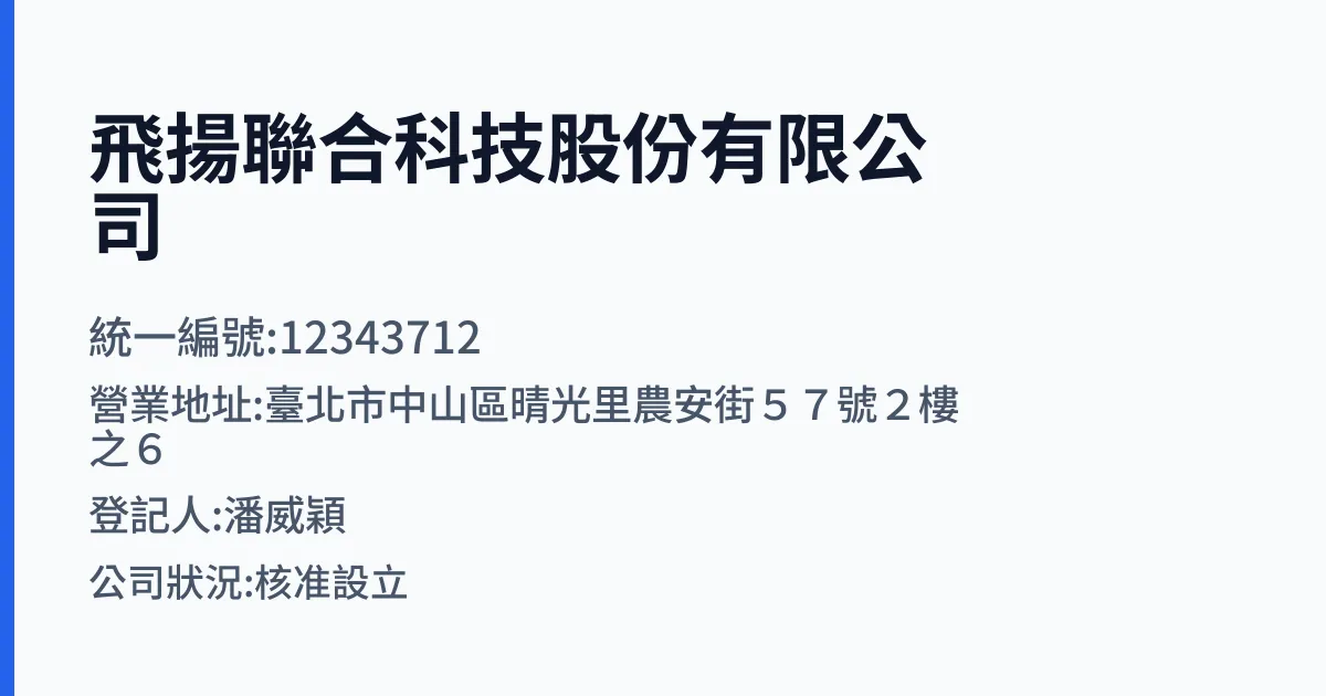 飛揚聯合科技股份有限公司 - 統編 12343712(臺北市) 公司登記資料與營業項目詳細圖表