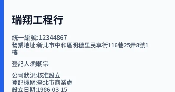 瑞翔工程行的照片-統編 12344867(新北市) 公司登記資料與營業項目詳細圖表