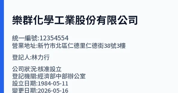 樂群化學工業股份有限公司的照片-統編 12354554(新竹市) 公司登記資料與營業項目詳細圖表