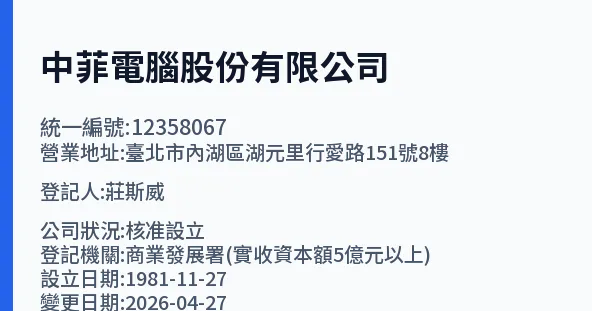 中菲電腦股份有限公司的照片-統編 12358067(臺北市) 公司登記資料與營業項目詳細圖表