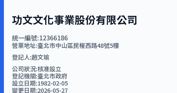 功文文化事業股份有限公司的照片-統編 12366186(臺北市) 公司登記資料與營業項目詳細圖表
