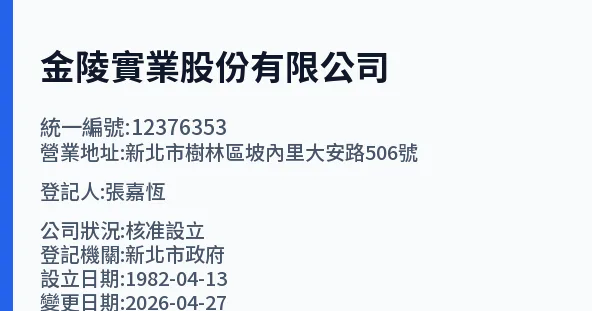 金陵實業股份有限公司的照片-統編 12376353(新北市) 公司登記資料與營業項目詳細圖表