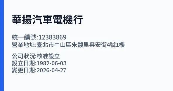 華揚汽車電機行的照片-統編 12383869(臺北市) 公司登記資料與營業項目詳細圖表