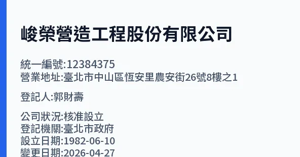 峻榮營造工程股份有限公司的照片-統編 12384375(臺北市) 公司登記資料與營業項目詳細圖表