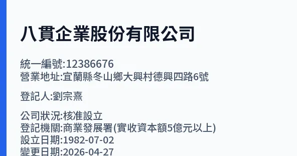 八貫企業股份有限公司的照片-統編 12386676(宜蘭縣) 公司登記資料與營業項目詳細圖表