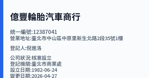 億豐輪胎汽車商行的照片-統編 12387041(臺北市) 公司登記資料與營業項目詳細圖表