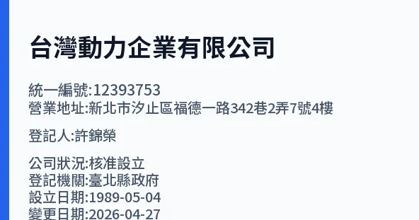 台灣動力企業有限公司的照片-統編 12393753(新北市) 公司登記資料與營業項目詳細圖表