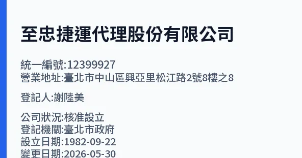 至忠捷運代理股份有限公司的照片-統編 12399927(臺北市) 公司登記資料與營業項目詳細圖表