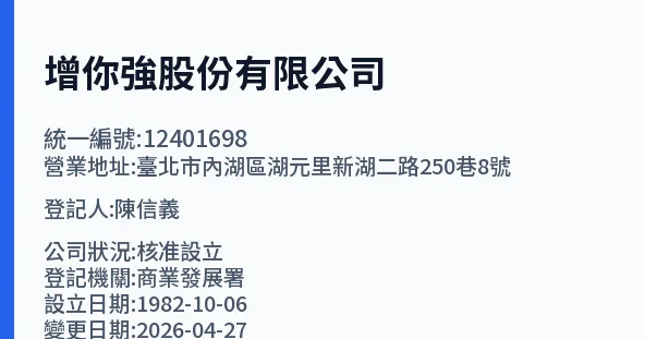增你強股份有限公司的照片-統編 12401698(臺北市) 公司登記資料與營業項目詳細圖表