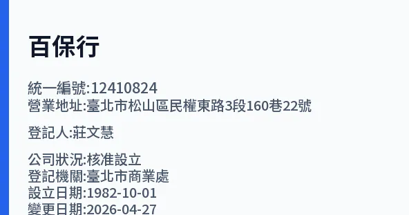 百保行的照片-統編 12410824(臺北市) 公司登記資料與營業項目詳細圖表