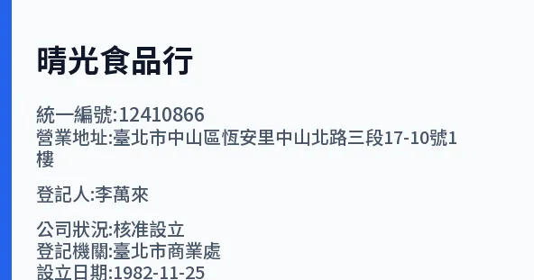 晴光食品行的照片-統編 12410866(臺北市) 公司登記資料與營業項目詳細圖表