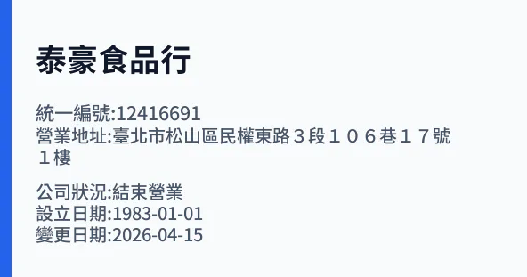 泰豪食品行的照片-統編 12416691(臺北市) 公司登記資料與營業項目詳細圖表