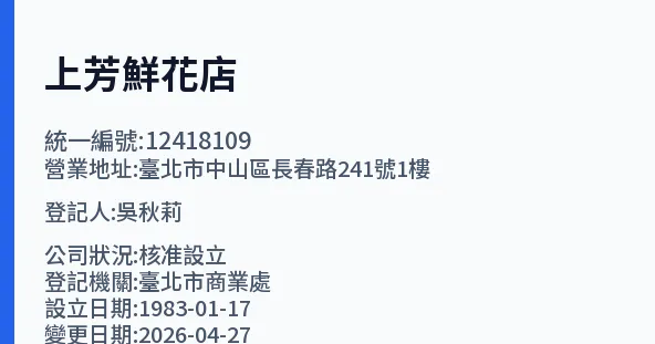 上芳鮮花店的照片-統編 12418109(臺北市) 公司登記資料與營業項目詳細圖表