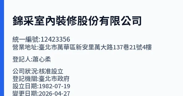 錦采室內裝修股份有限公司的照片-統編 12423356(臺北市) 公司登記資料與營業項目詳細圖表