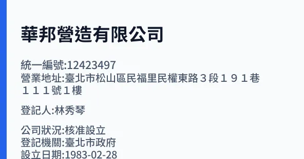 華邦營造有限公司的照片-統編 12423497(臺北市) 公司登記資料與營業項目詳細圖表