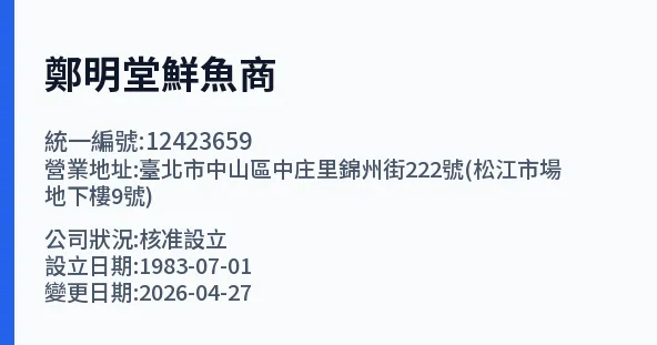 鄭明堂鮮魚商的照片-統編 12423659(臺北市) 公司登記資料與營業項目詳細圖表