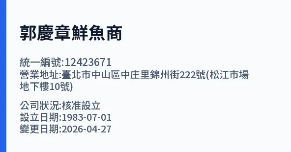 郭慶章鮮魚商的照片-統編 12423671(臺北市) 公司登記資料與營業項目詳細圖表