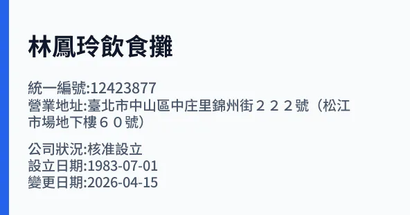 林鳳玲飲食攤的照片-統編 12423877(臺北市) 公司登記資料與營業項目詳細圖表