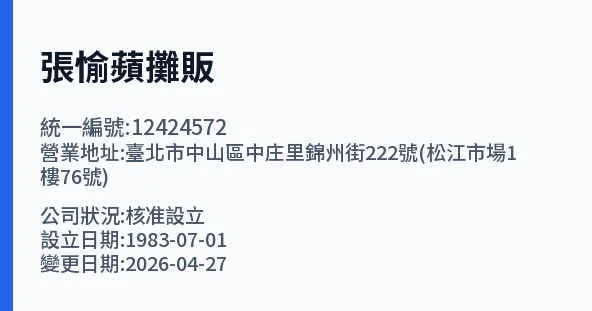 張愉蘋攤販的照片-統編 12424572(臺北市) 公司登記資料與營業項目詳細圖表