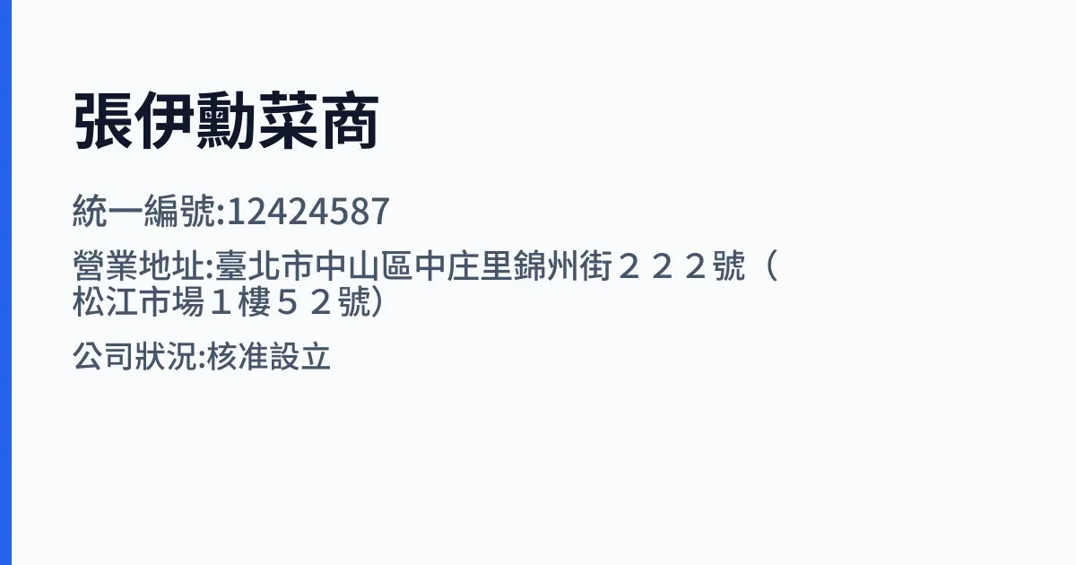 張伊勳菜商 - 統編 12424587(臺北市) 公司登記資料與營業項目詳細圖表
